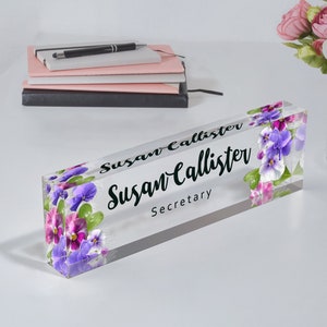 Floral Acrylic Name Block for Desk, Womens Personalized Desk Name Plate ...