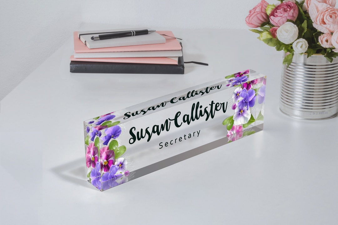 Floral Acrylic Name Block for Desk, Womens Personalized Desk Name Plate ...
