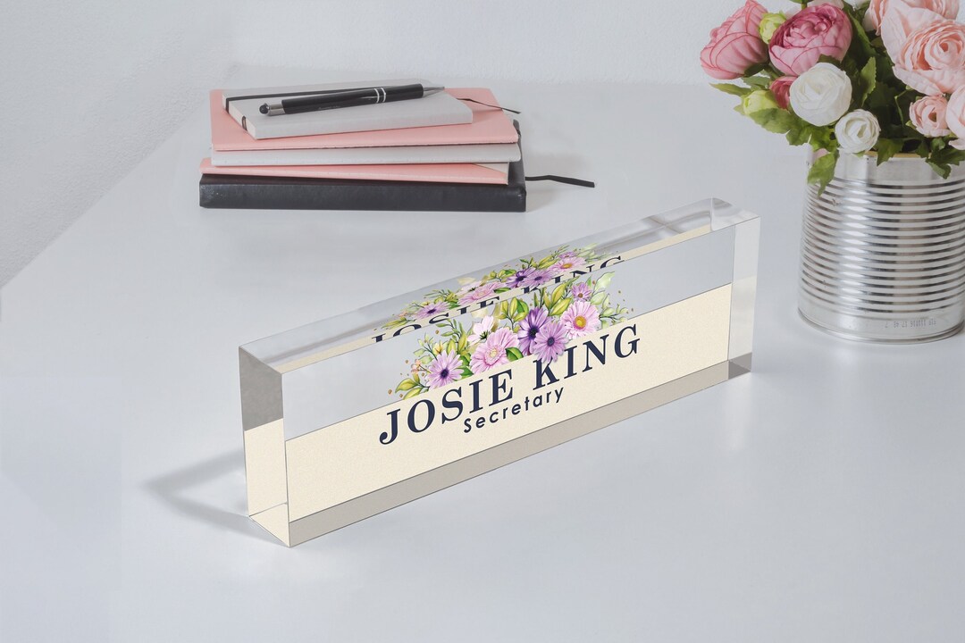 Purple Flower Name Plate for Desk, Clear Acrylic Name Plaque for Office ...