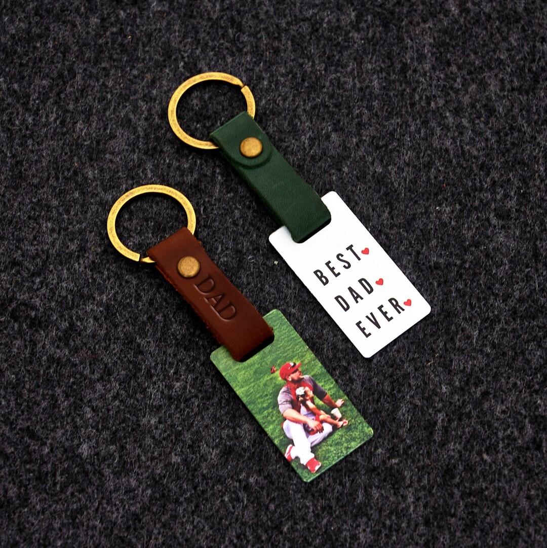 Leather Keychain With Photo for Dad, Personalized Mens Keychain With ...