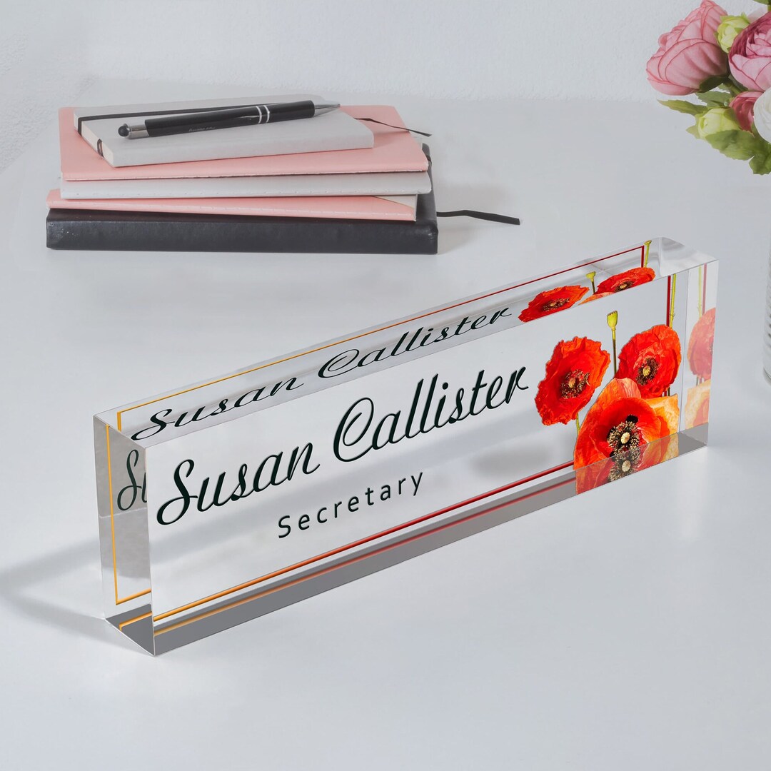 Name Plate for Desk With Poppy Flowers, Custom Floral Desk Plaque for ...