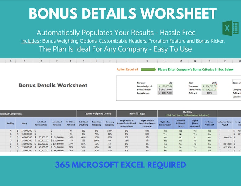 Bonus Plan Excel Spreadsheet Ideal for Hotels Sales Team, Small or ...
