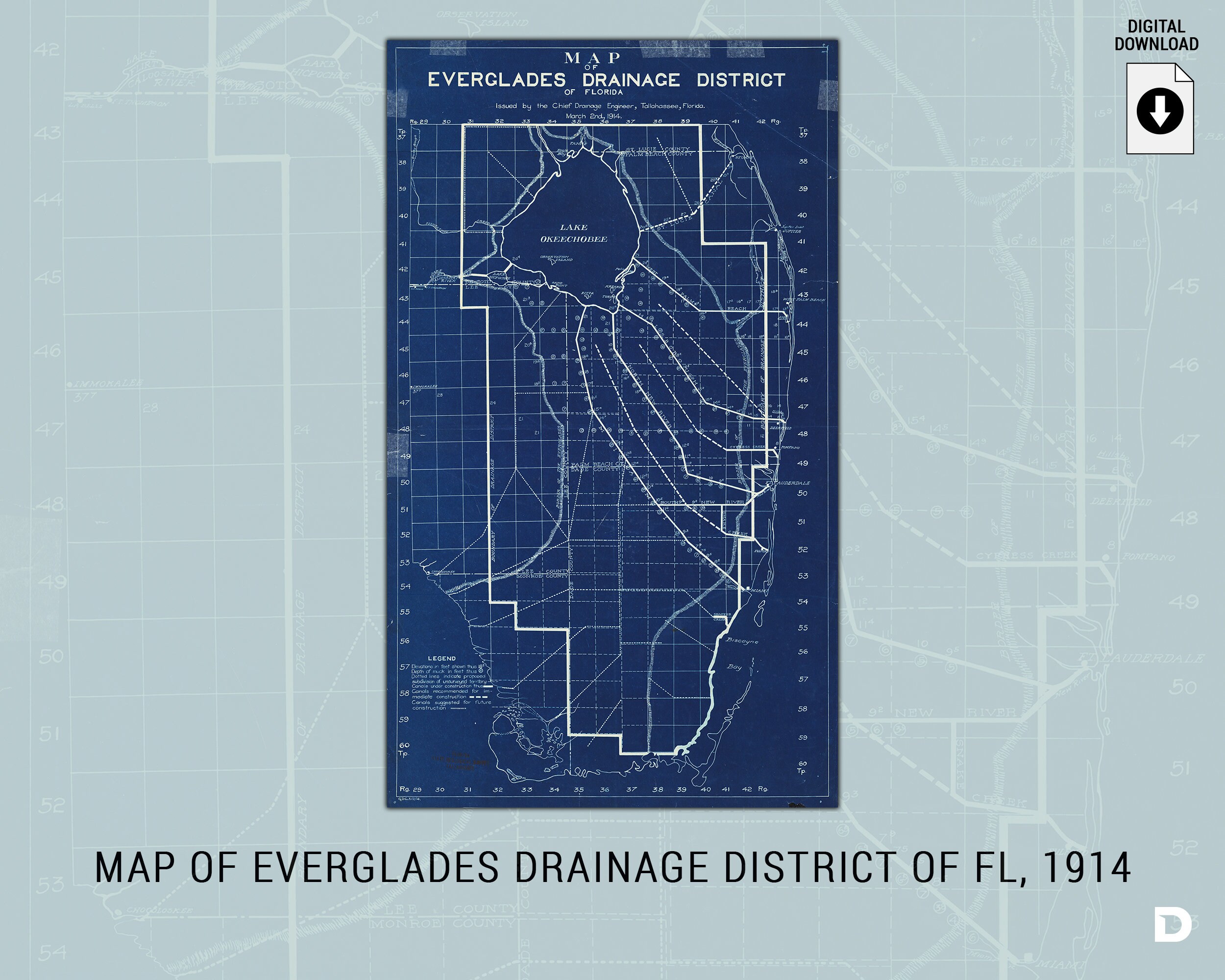 Map of Everglades Drainage District 1914 - 10x17 | Digital Download - Etsy