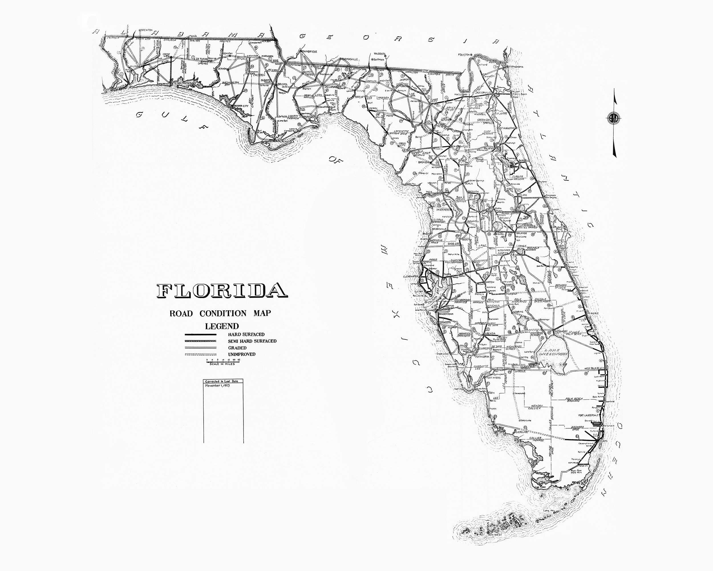 State of Florida Road Condition Map 1923 - 8x10,16x20,16x16,12x12 ...