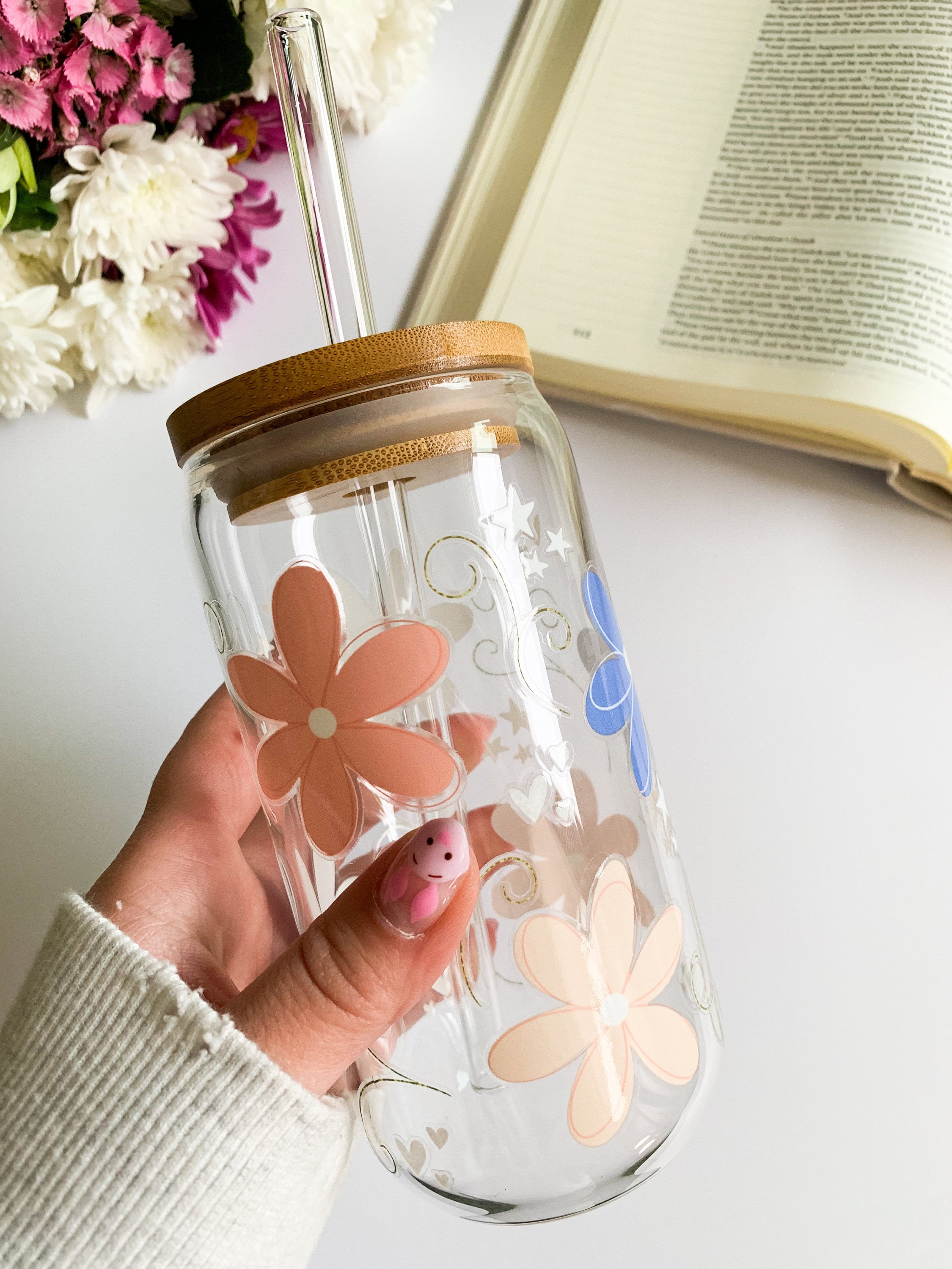 Peach and Blue Flowers Cup, 16 Oz Glass Cup, Floral Glass Can Cup, Cute ...