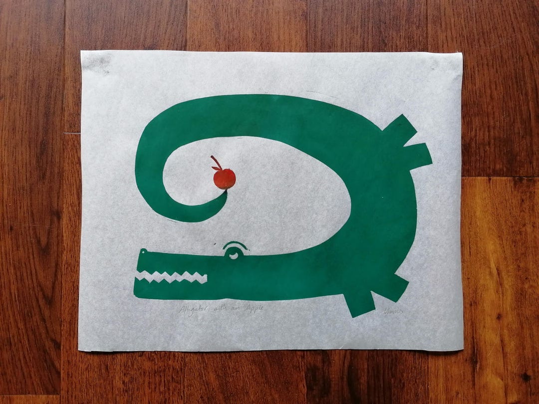 Alphabet Print, Alligator With an Apple Lino Print - Etsy
