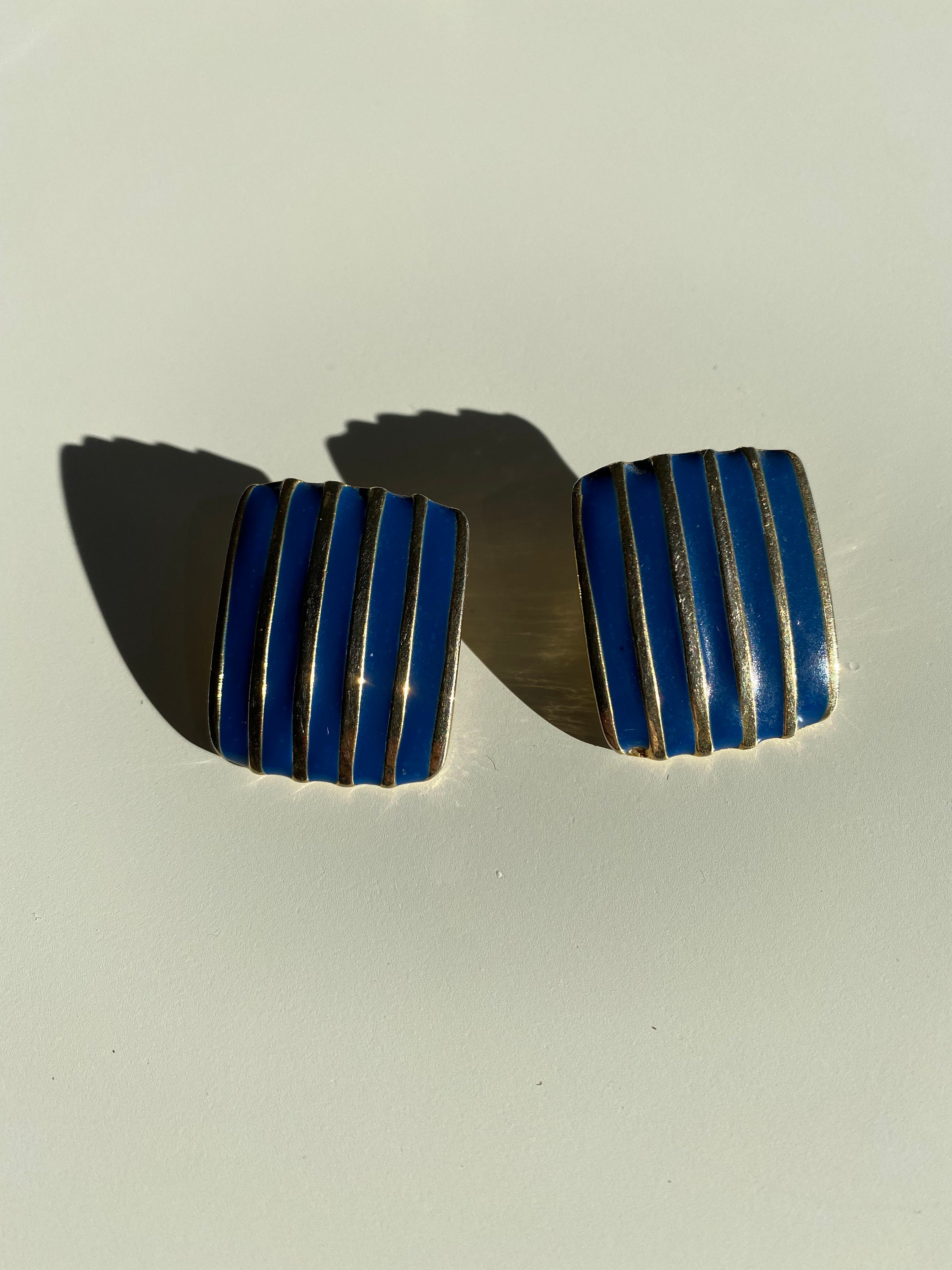 Vintage Blue and Gold Tone Striped Square Earrings - Etsy