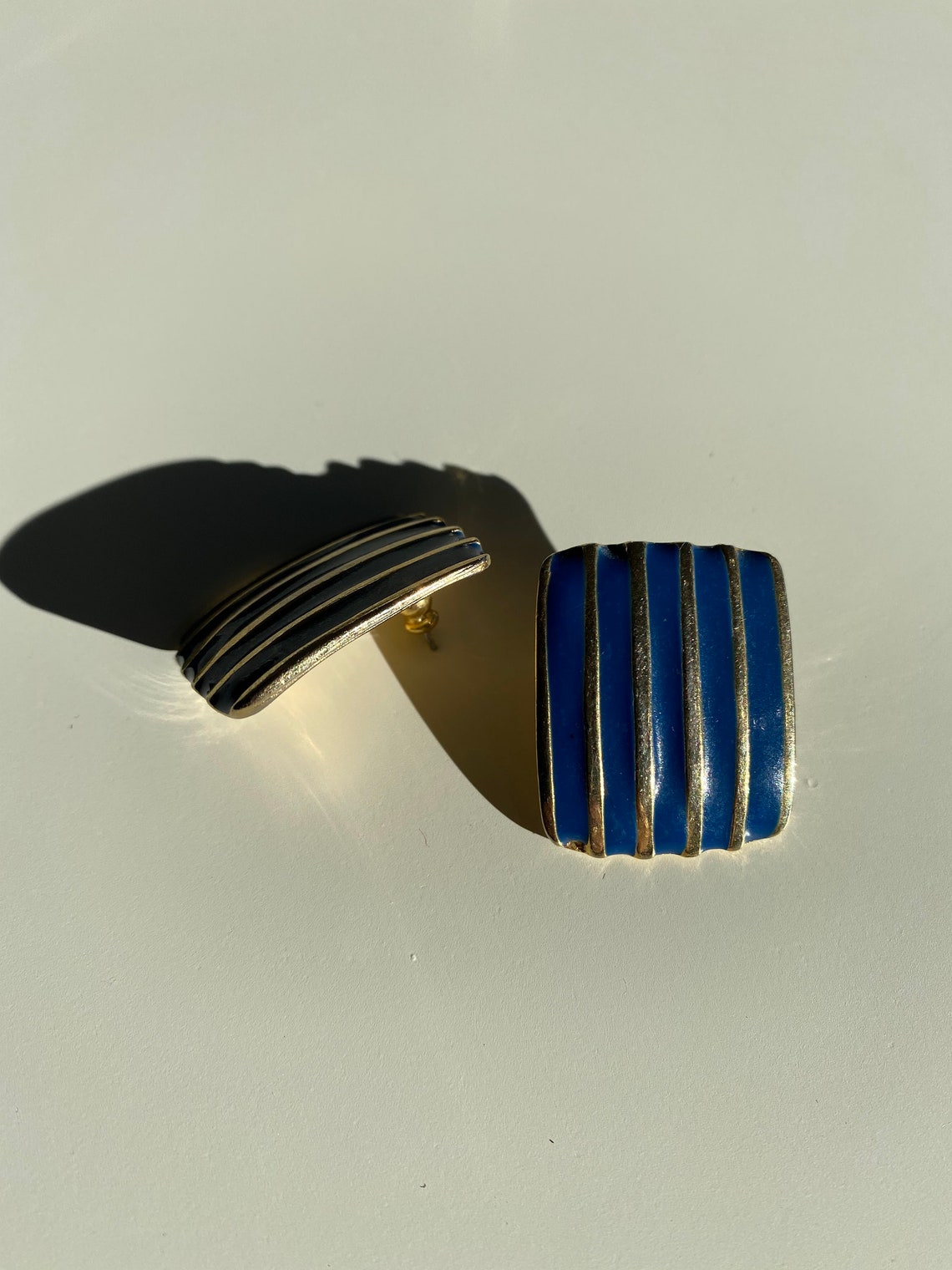 Vintage Blue and Gold Tone Striped Square Earrings - Etsy