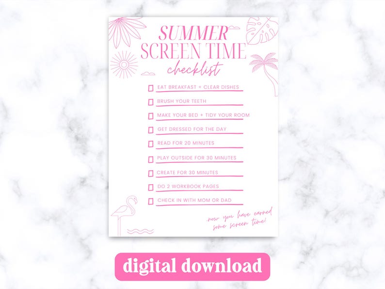 Summer Screen Time Checklist Printable • Daily Chore List for Kids ...