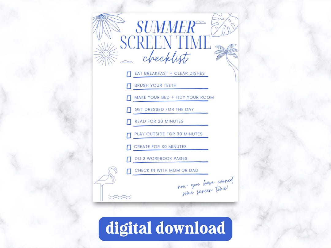 Summer Screen Time Checklist Printable • Daily Chore List for Kids ...