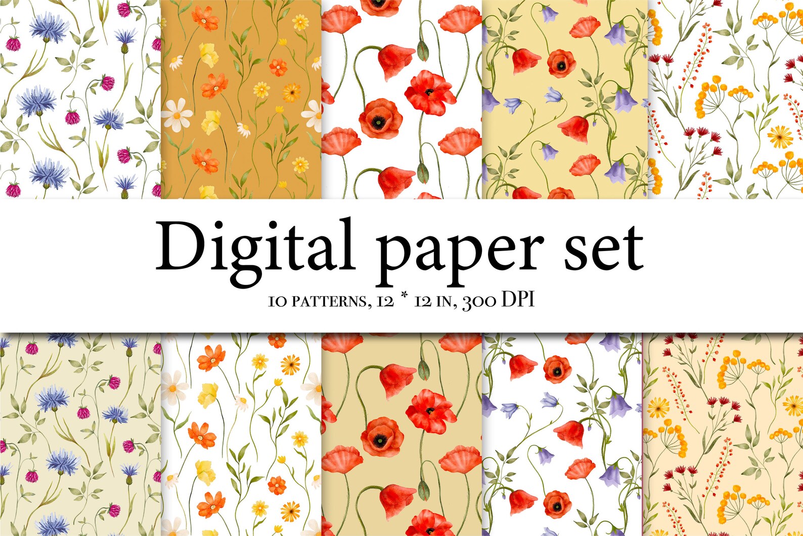Wildflowers Aesthetics Digital Paper, Meadow Watercolor Flowers, Tiny ...
