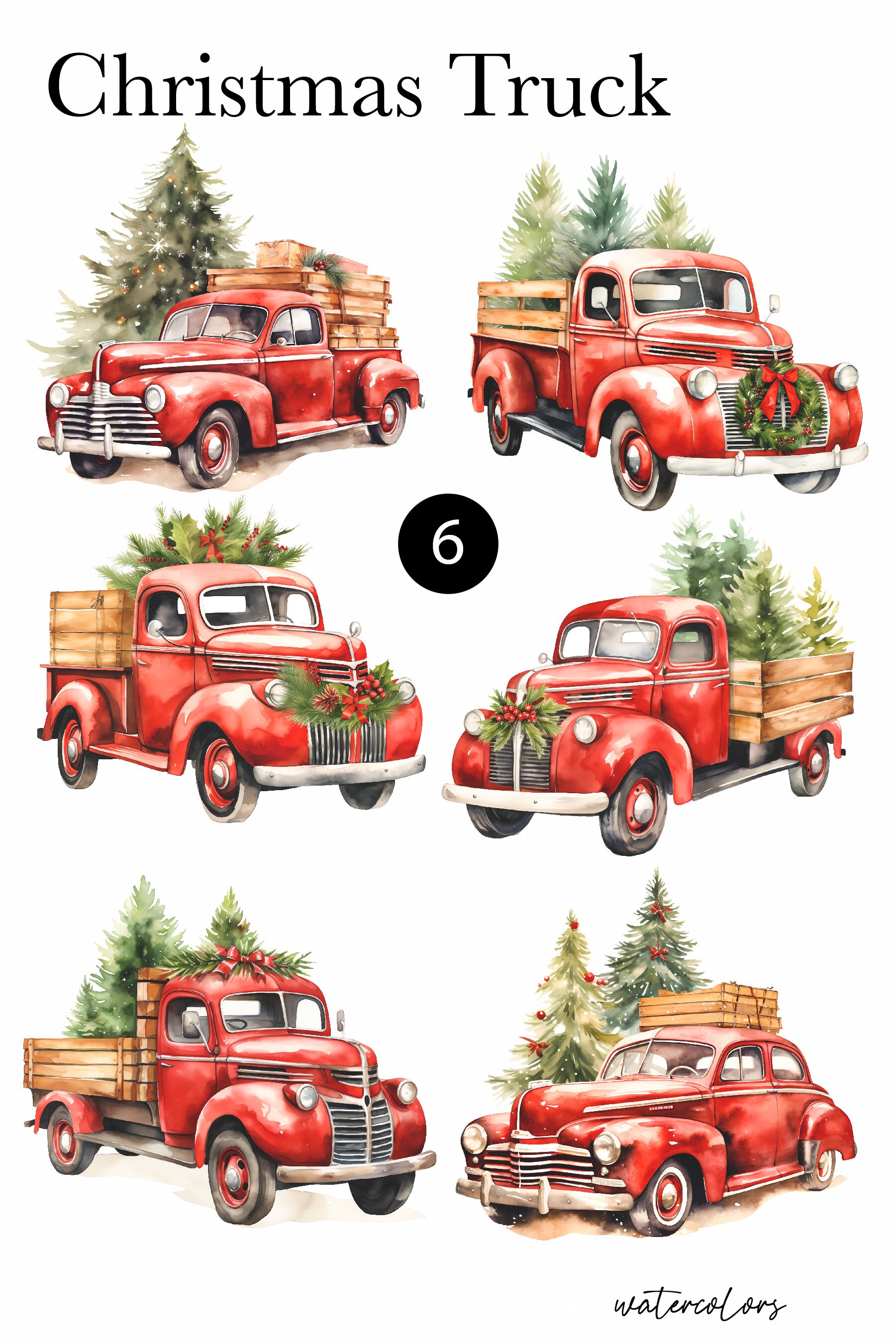 Watercolor Christmas Clipart - Watercolor Red Truck With Christmas Tree ...