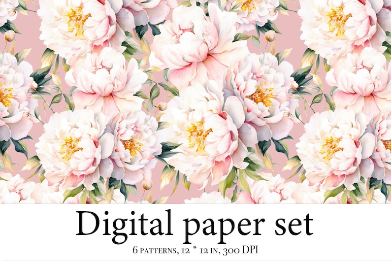 Watercolor Digital Paper Pack, Peonies Scrapbook, Peonies Seamless ...