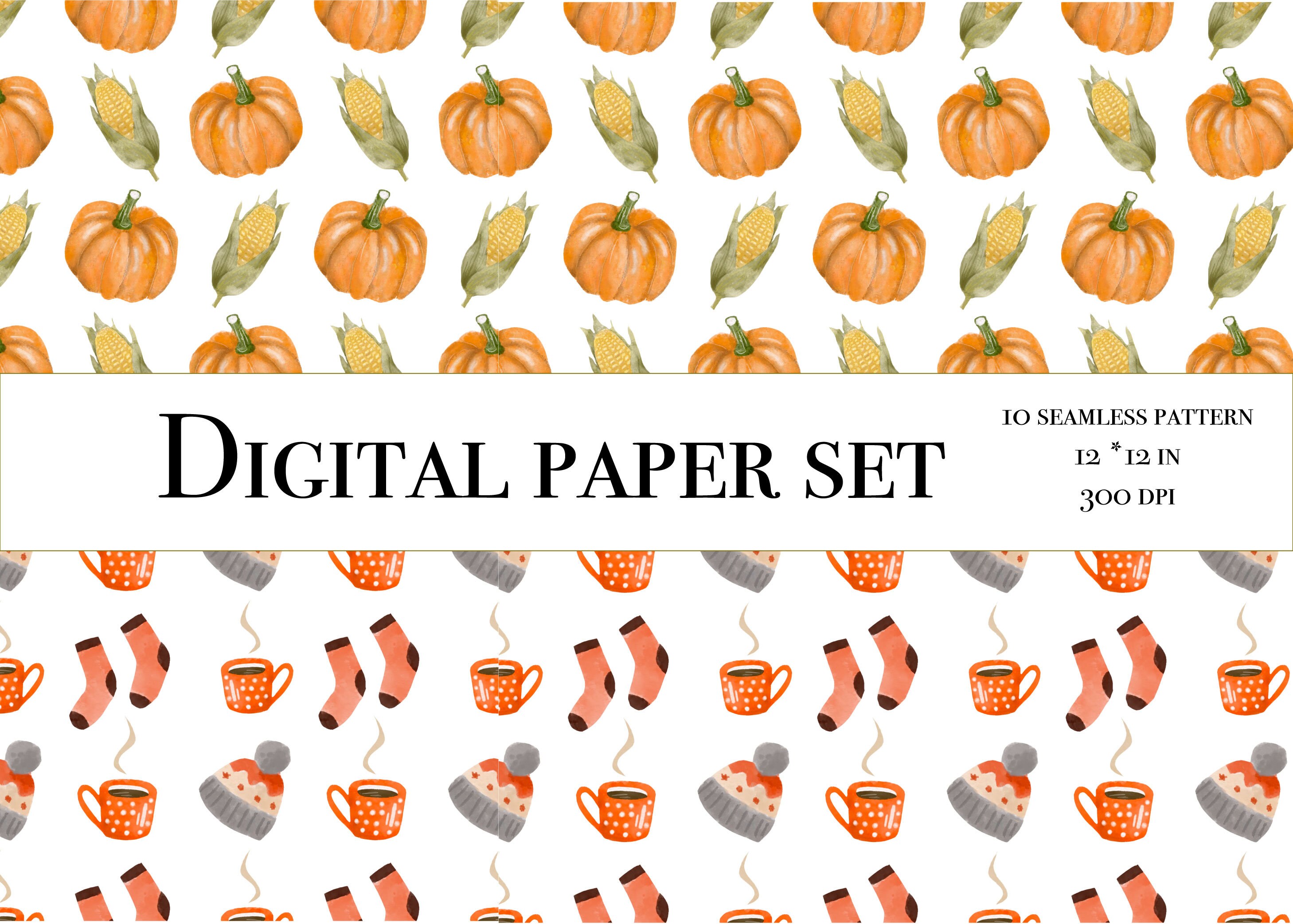 Watercolor Fall Cute Digital Paper - Autumn Pattern - Pumpkin - Corn ...