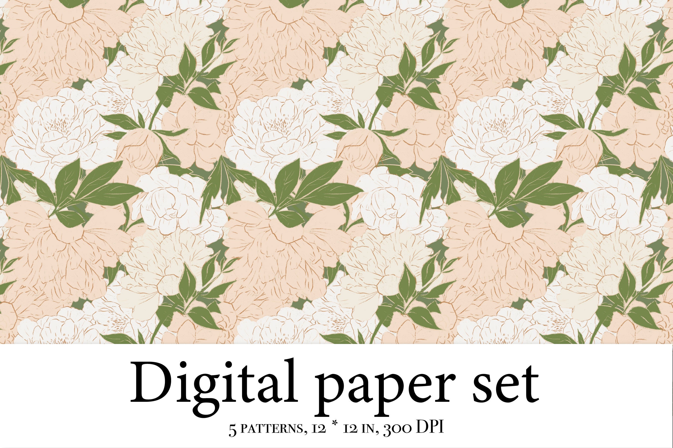 Peonies Digital Paper Pack, Pink Peonies Scrapbook, Peonies Seamless ...