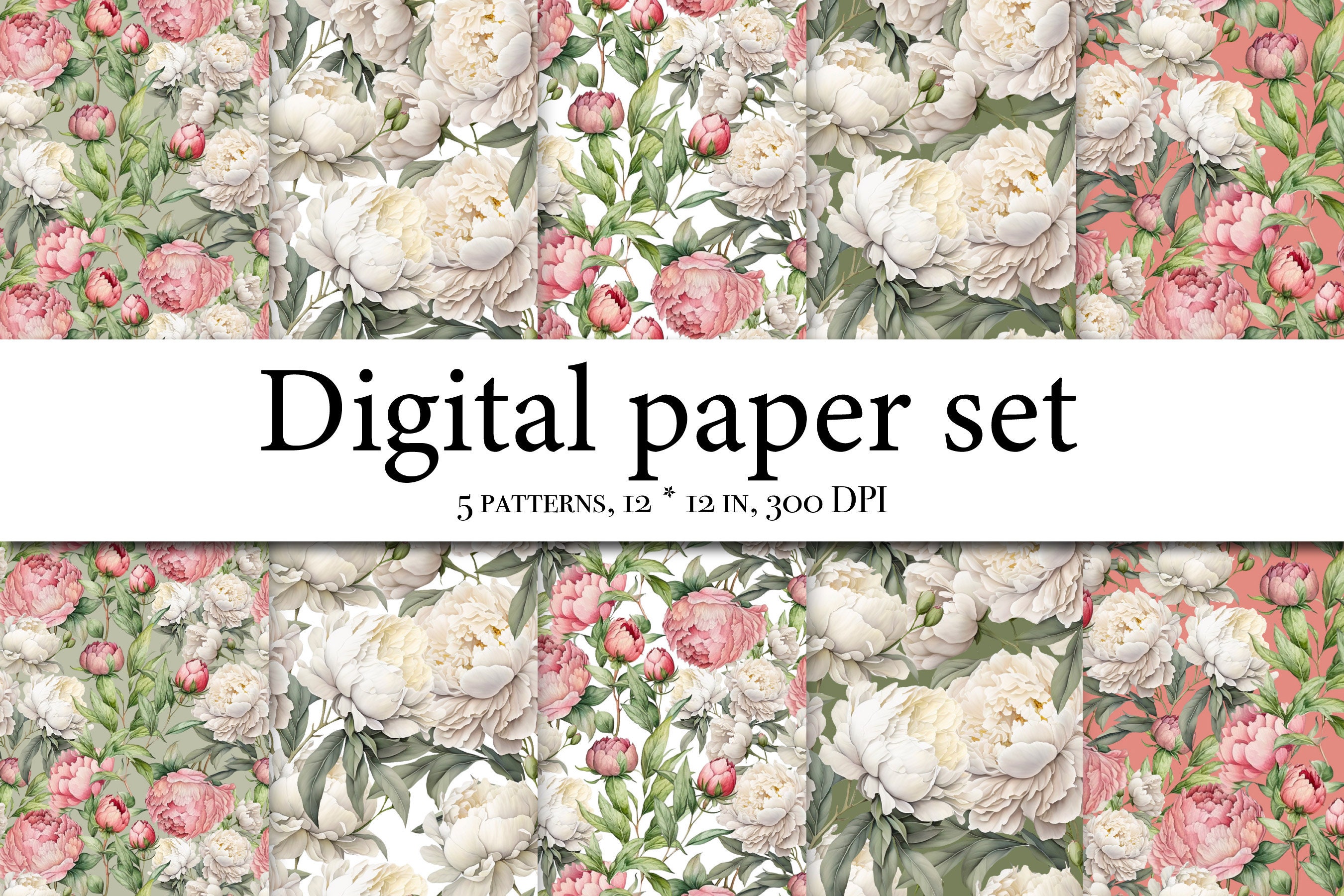 Watercolor Digital Paper Pack, Pink Peonies Scrapbook, Peonies Seamless ...
