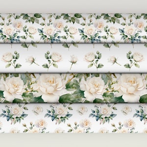 Watercolor Digital Paper Pack, White Roses Scrapbook, Roses Seamless ...