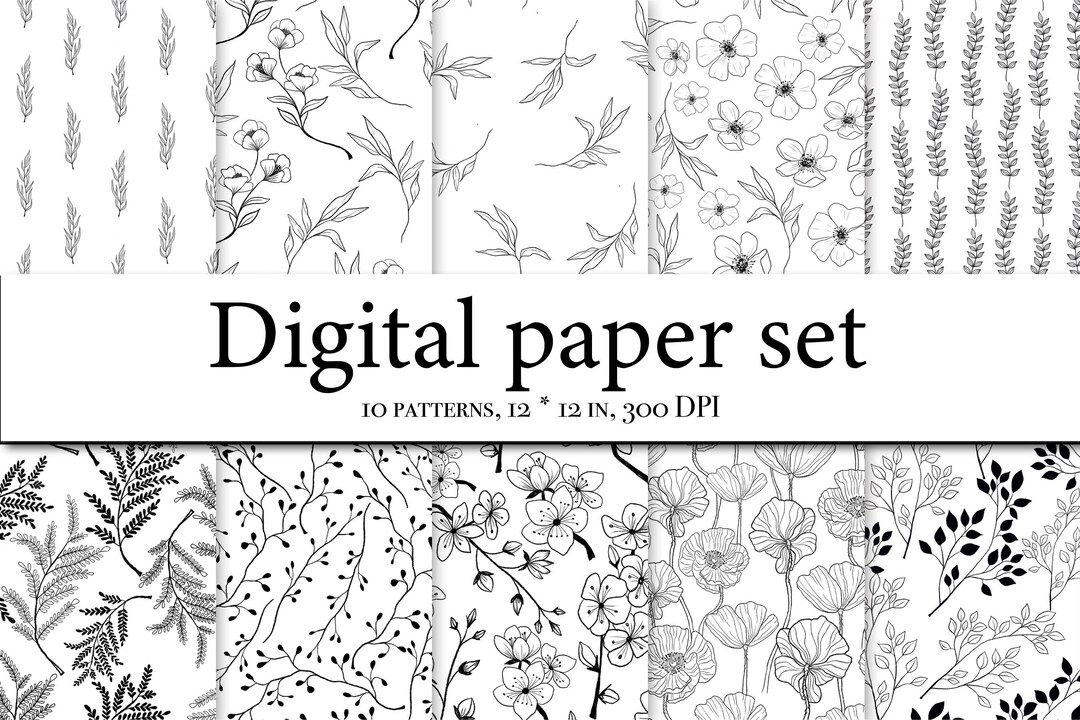 Pattern Clipart -floral Boho Digital Paper – Flower Line Art Pattern ...