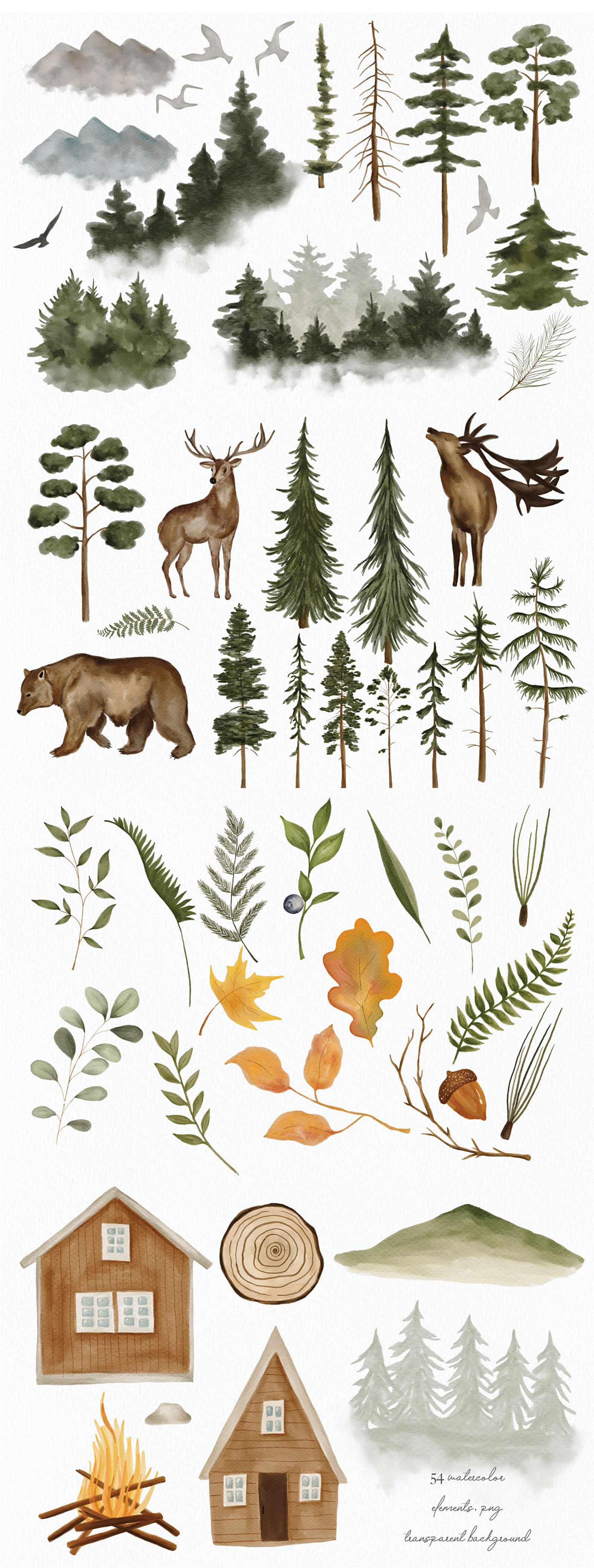 Watercolor Forest Digital Clipart Set - Forest Landscape Clipart ...