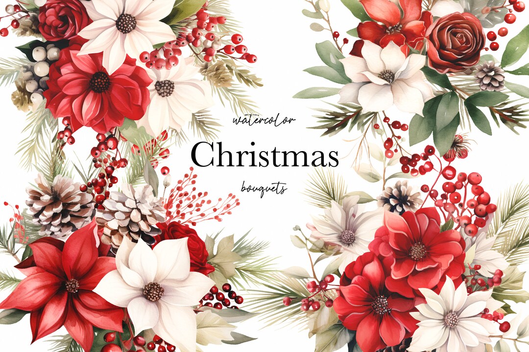 Whimsical Watercolor Christmas Bouquets Clipart Set - Festive Floral ...