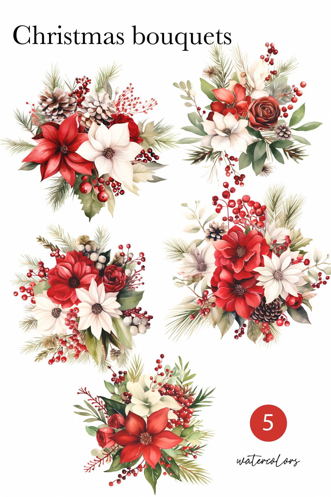 Whimsical Watercolor Christmas Bouquets Clipart Set - Festive Floral ...