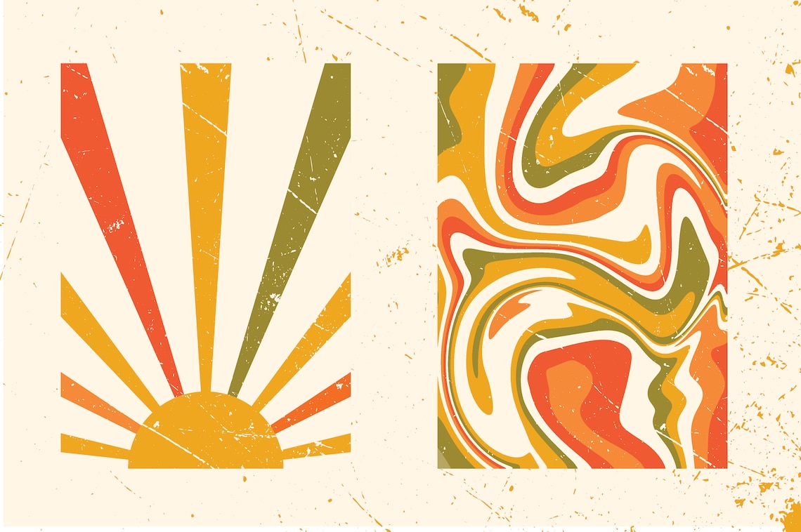 Retro Vibes Digital Background Set - 70's Clipart - Retro Hippie Art ...