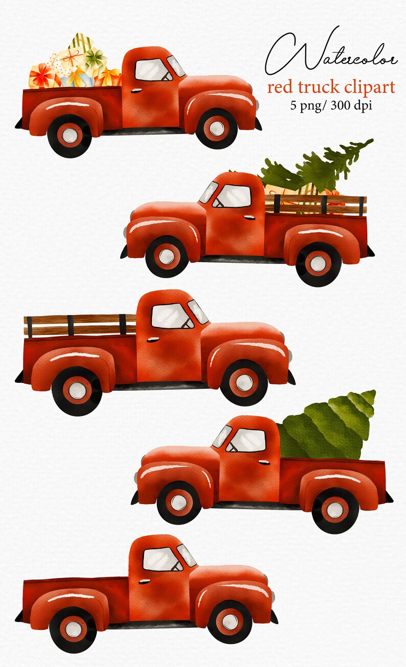 Red Christmas Truck Clipart - Watercolor Red Christmas Truck ...