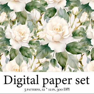 Watercolor Digital Paper Pack, White Roses Scrapbook, Roses Seamless ...