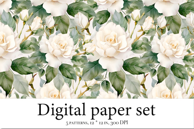 Watercolor Digital Paper Pack, White Roses Scrapbook, Roses Seamless ...
