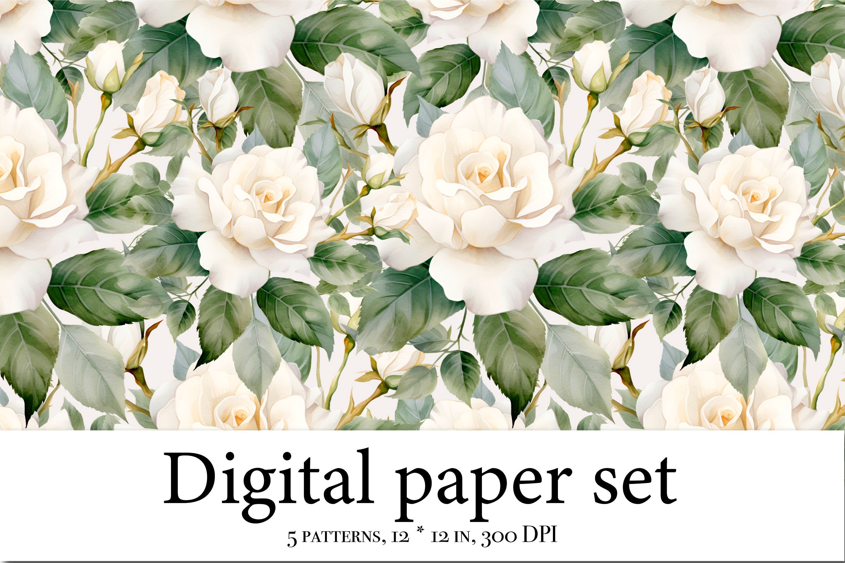 Watercolor Digital Paper Pack, White Roses Scrapbook, Roses Seamless ...