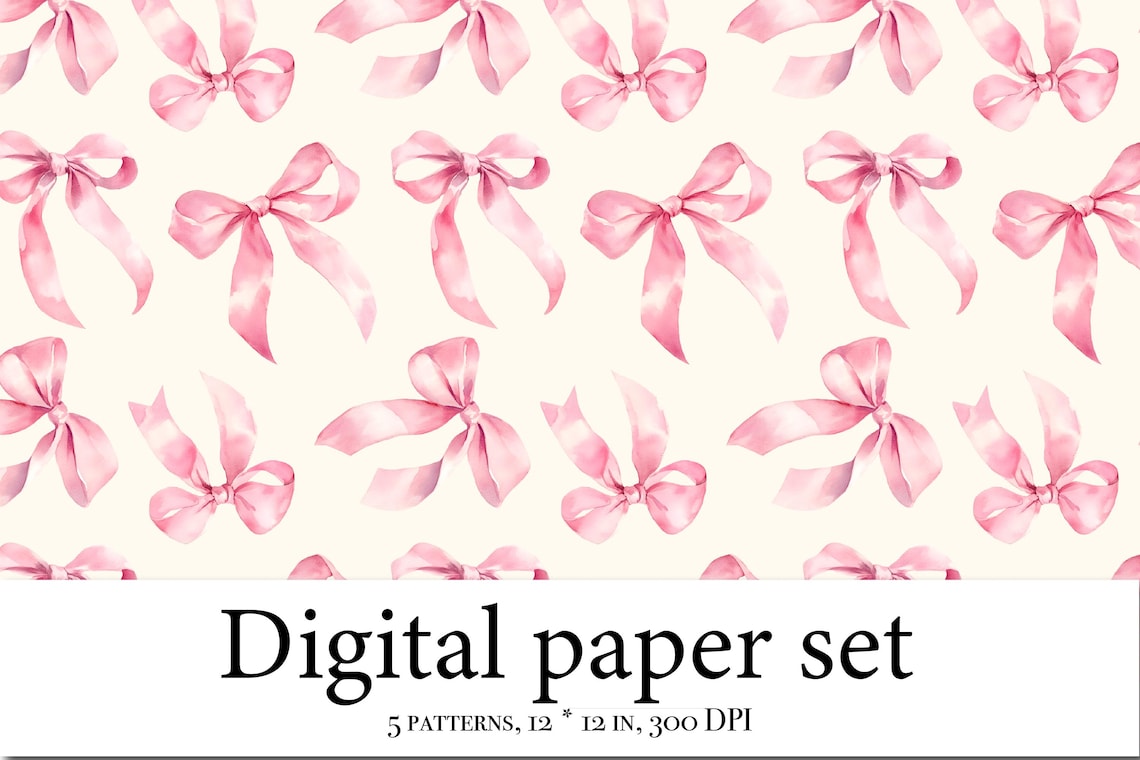 Pink Ribbon Bows Seamless Pattern Set, Watercolor Bow, Gingham ...
