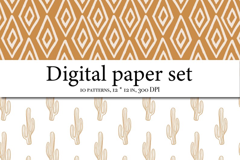 Boho Digital Paper Set - Boho Print - Pastel Cactus Seamless Pattern ...