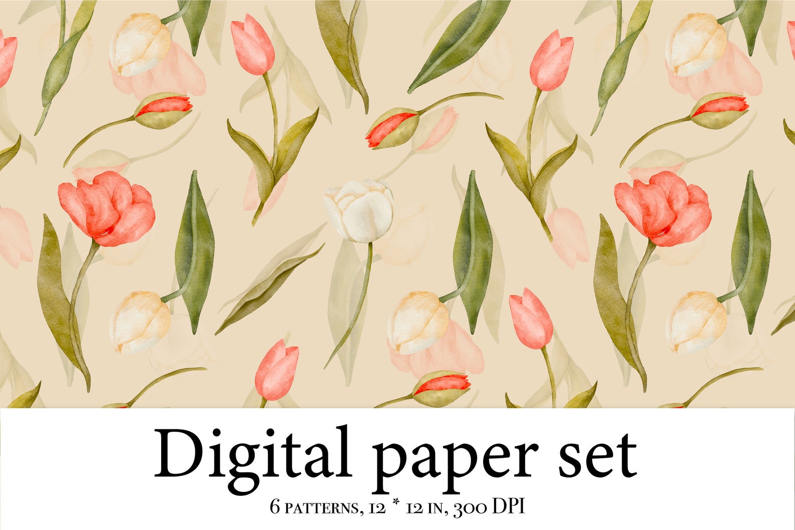 Watercolor Tulips Digital Paper, Tulips Seamless Pattern, Spring ...