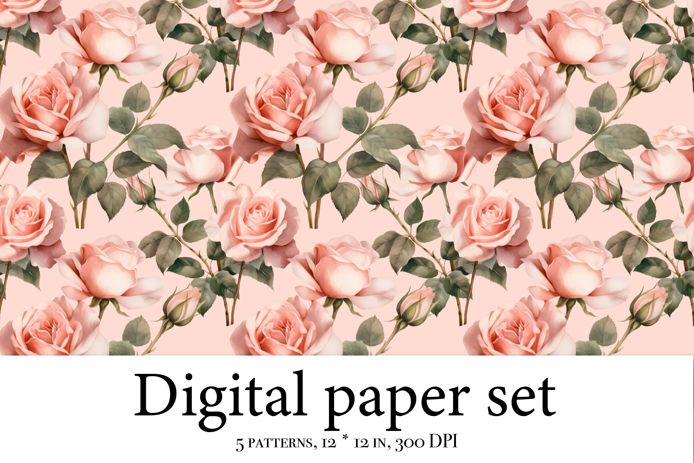 Watercolor Blush Rose Digital Paper Pack, Blush Roses Scrapbook, Roses ...