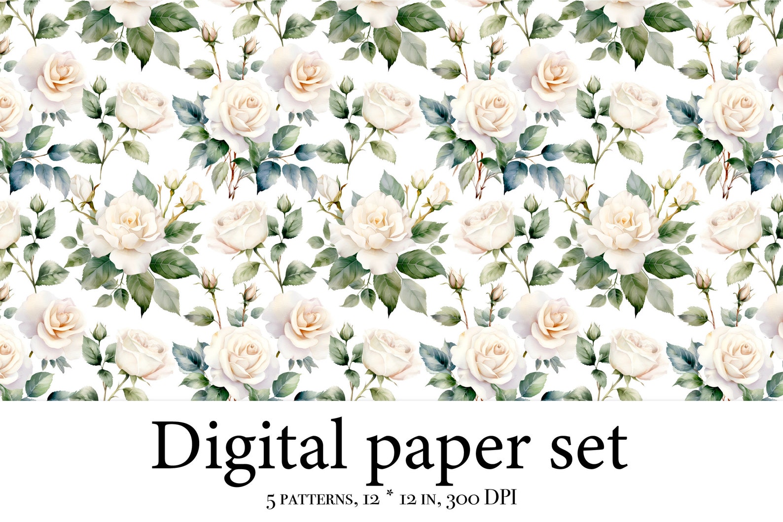Watercolor Digital Paper Pack, White Roses Scrapbook, Roses Seamless ...