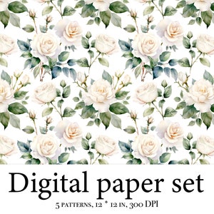 Watercolor Digital Paper Pack, White Roses Scrapbook, Roses Seamless ...