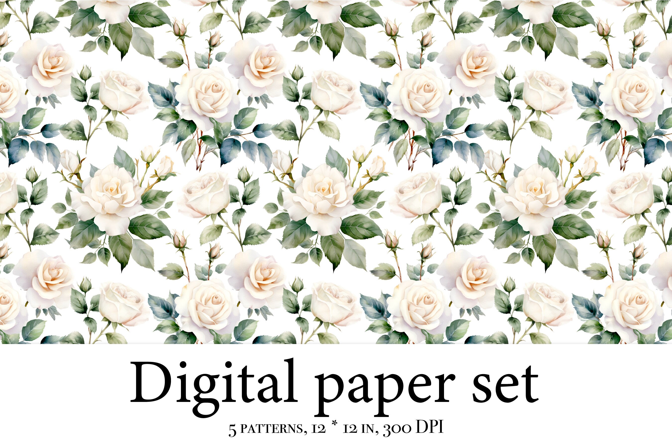 Watercolor Digital Paper Pack, White Roses Scrapbook, Roses Seamless ...