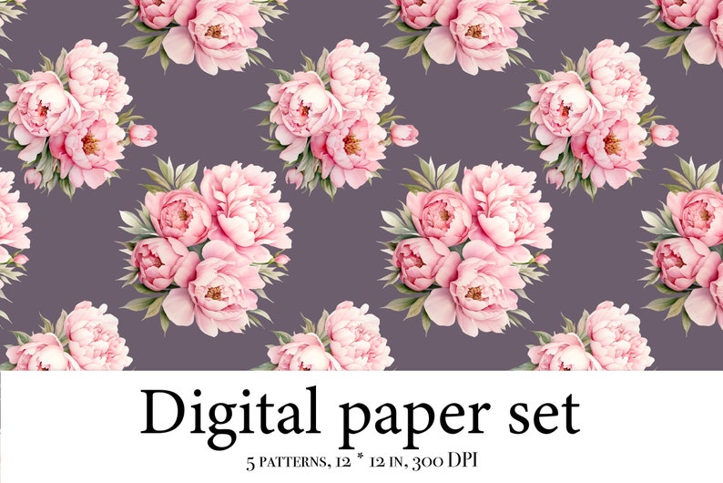 Watercolor Digital Paper Pack, Pink Peonies Scrapbook, Peonies Seamless ...