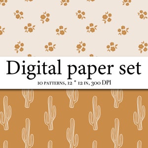 Boho Digital Paper Set - Boho Print - Pastel Cactus Seamless Pattern ...