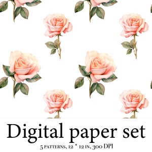 Watercolor Blush Rose Digital Paper Pack, Blush Roses Scrapbook, Roses ...
