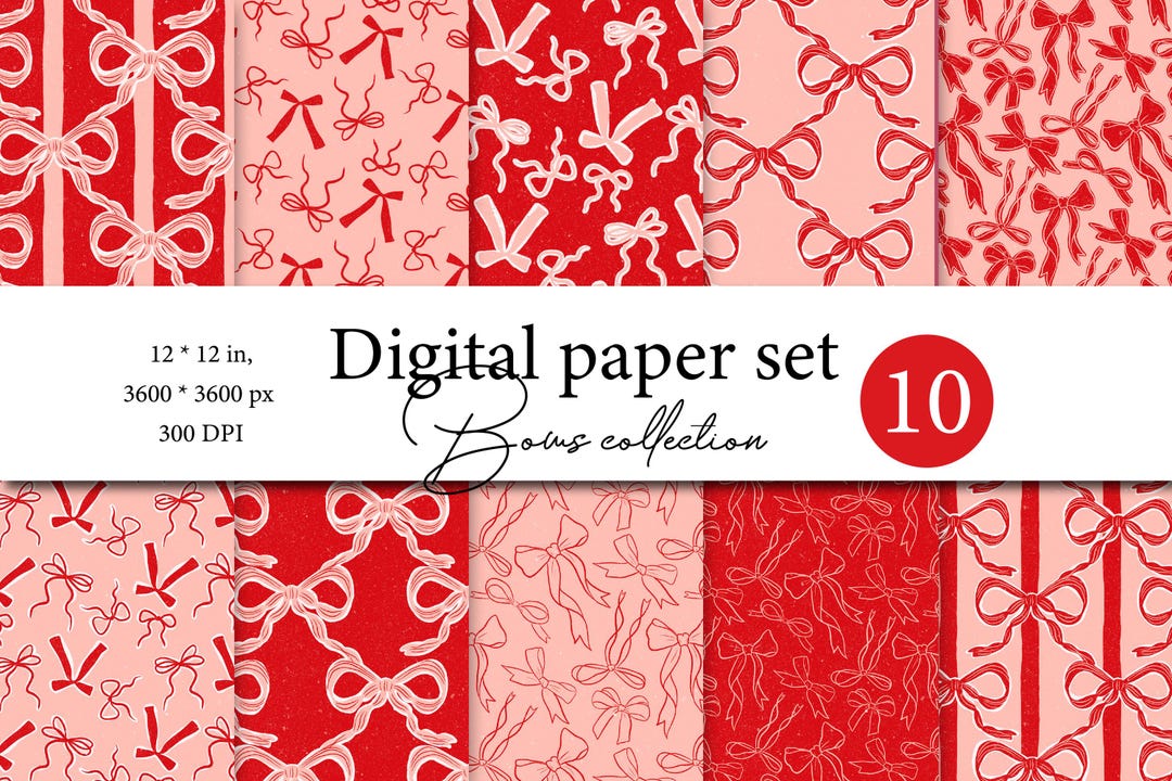 Elegant Red and Pink Bow Digital Paper Set - Holiday Joy Digital Paper ...