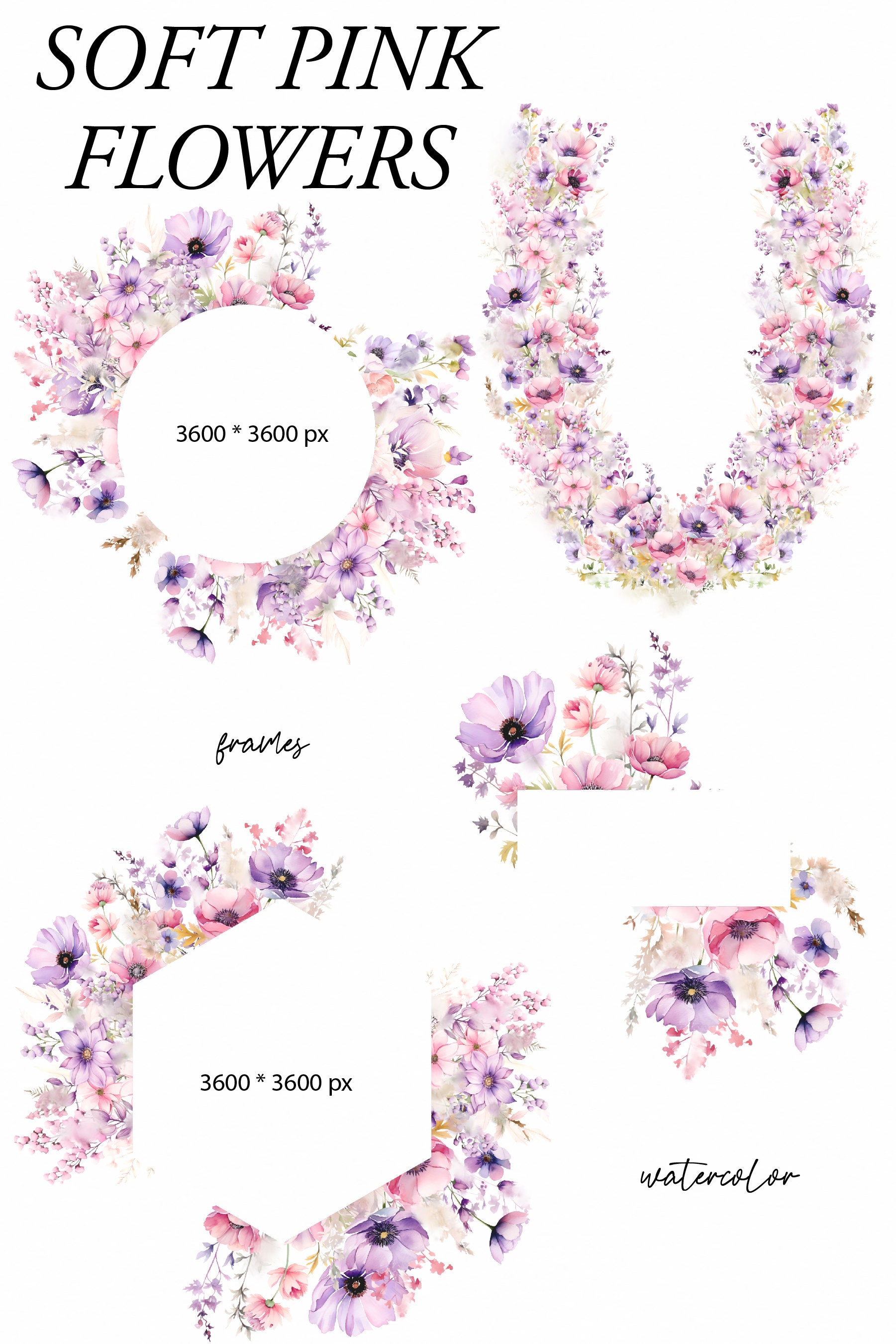 Watercolor Pink Bouquets Clipart: Delicate Floral Elements for Design ...