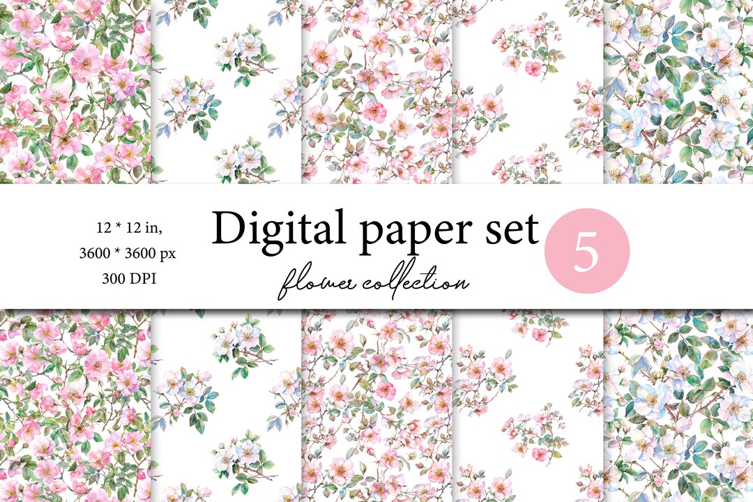 Watercolor Digital Paper Pack, White Roses Scrapbook, Roses Seamless ...