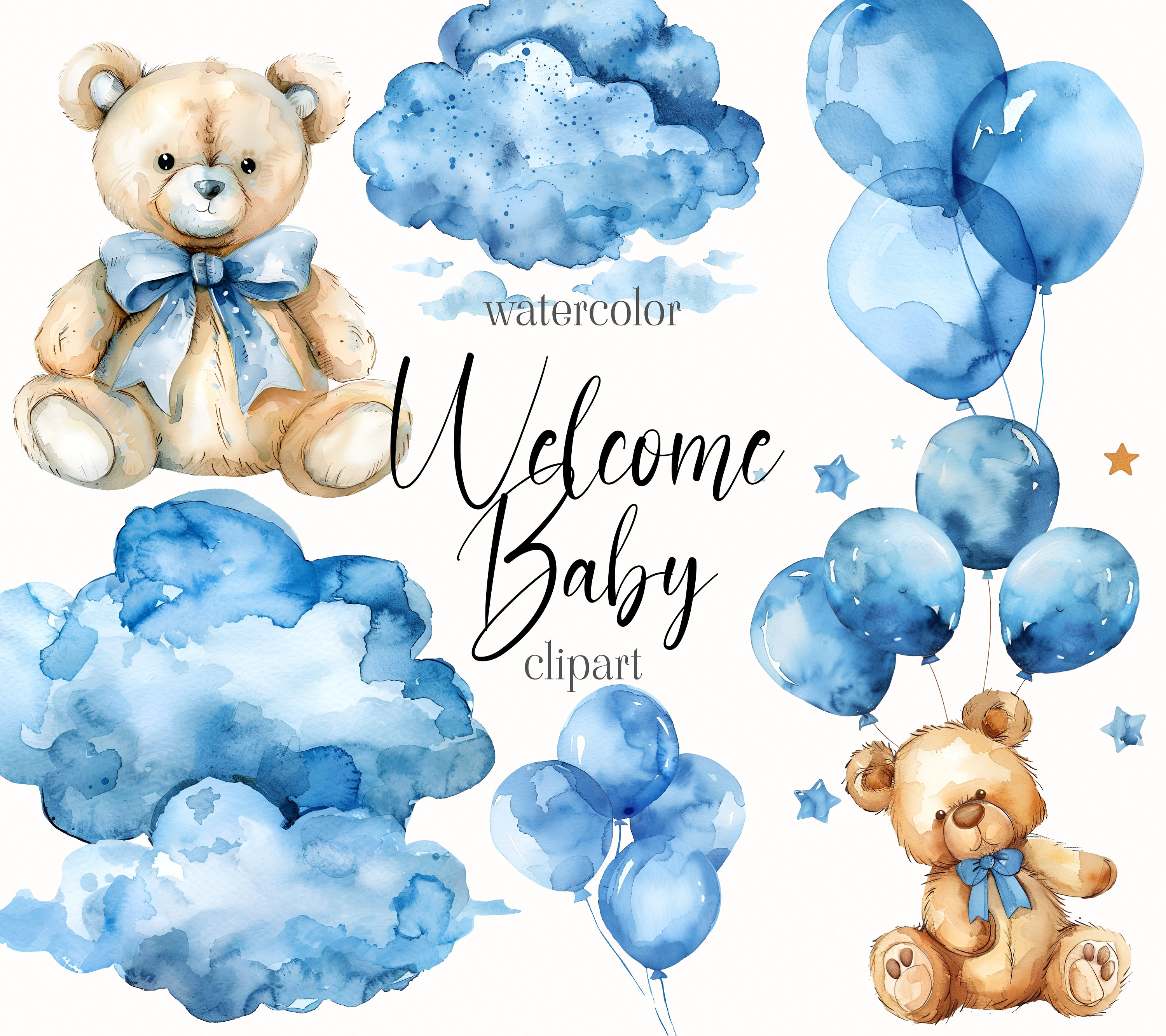Watercolor Teddy Bear Baby Shower Clipart, Nursery Illustrations ...