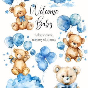 Watercolor Teddy Bear Baby Shower Clipart, Nursery Illustrations ...