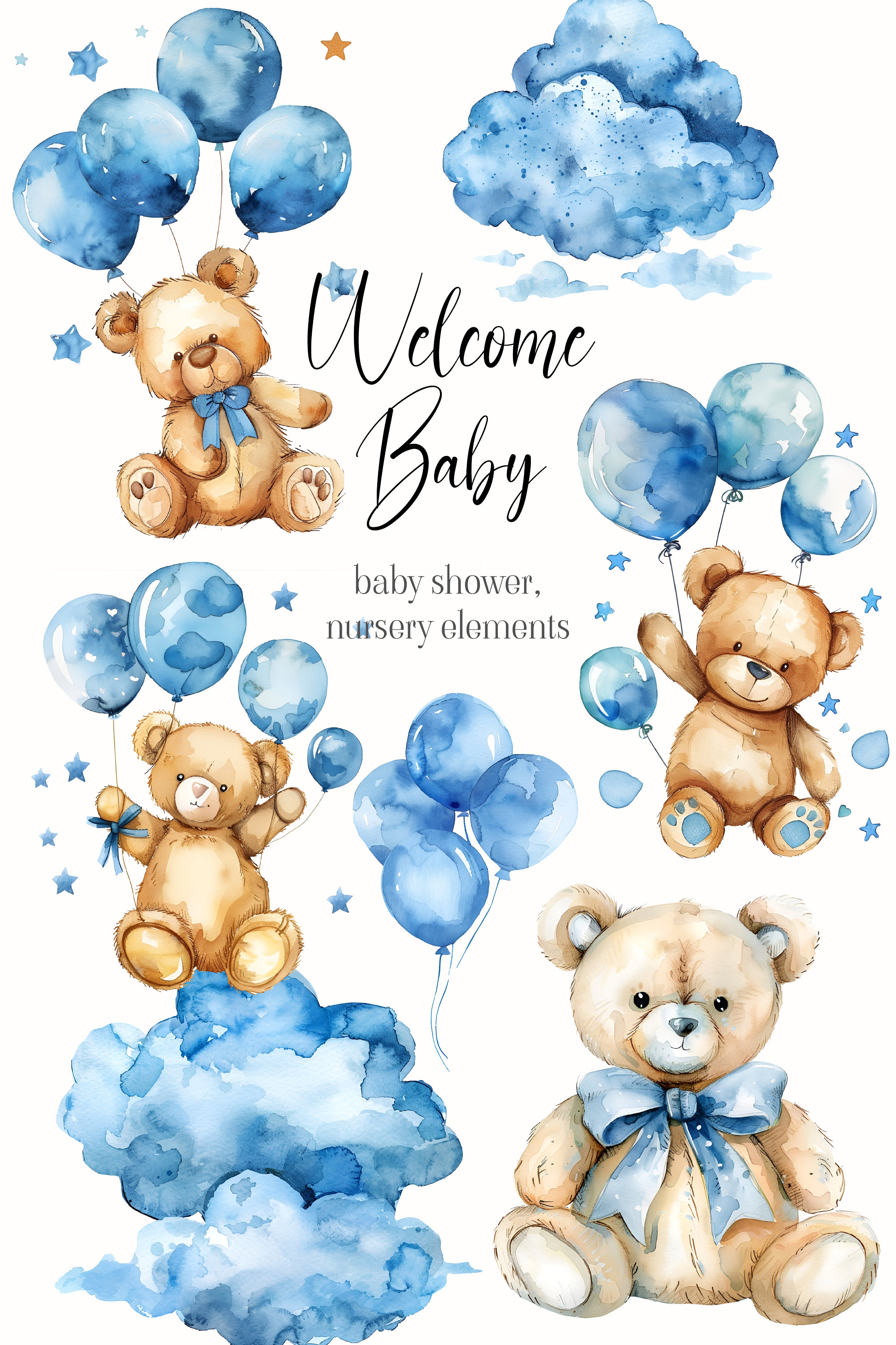 Watercolor Teddy Bear Baby Shower Clipart, Nursery Illustrations ...