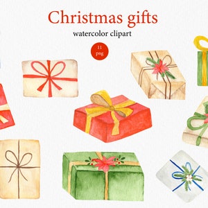 Watercolor Christmas Gift Clipart - Winter Holiday Clipart - Gift ...
