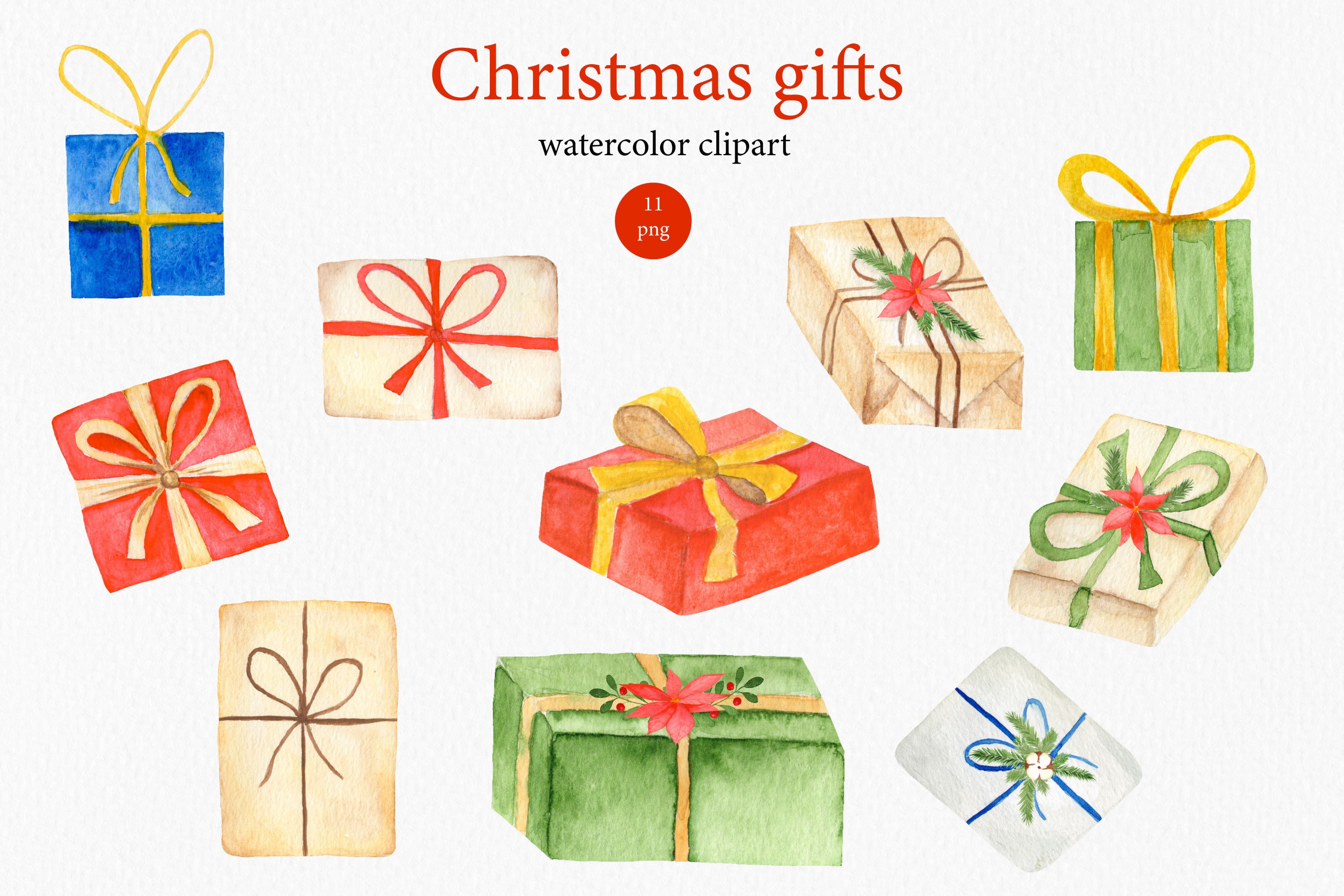 Watercolor Christmas Gift Clipart - Winter Holiday Clipart - Gift ...