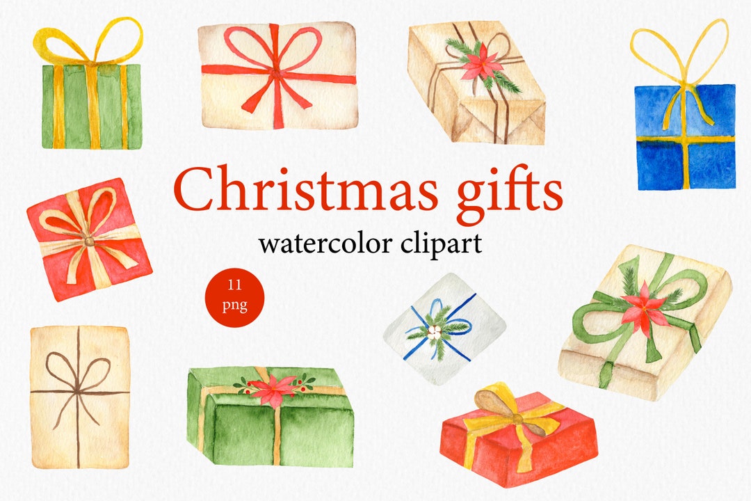 Watercolor Christmas Gift Clipart - Winter Holiday Clipart - Gift ...