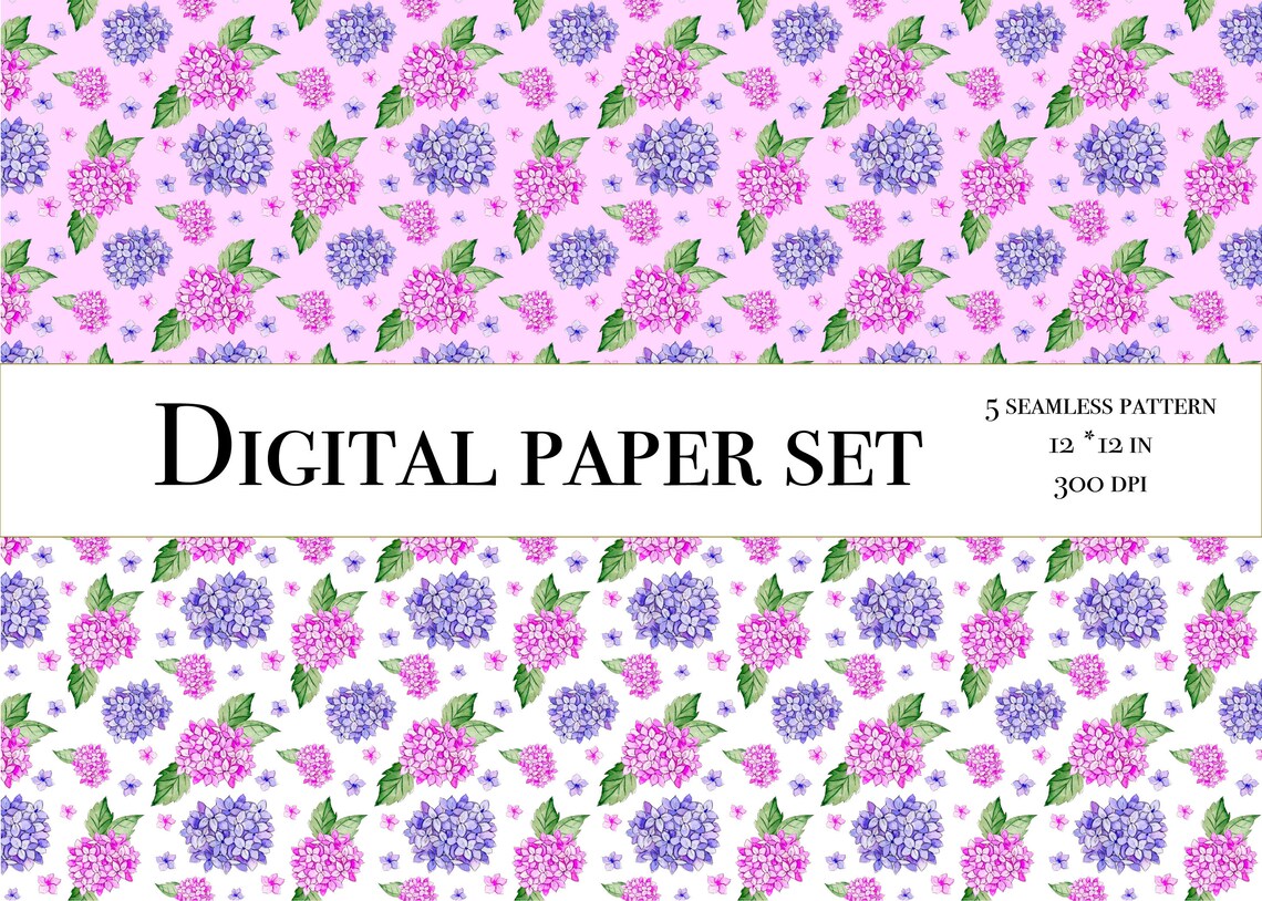 Watercolor Digital Paper Pack, Hydrangea Scrapbook, Hydrangea Seamless ...